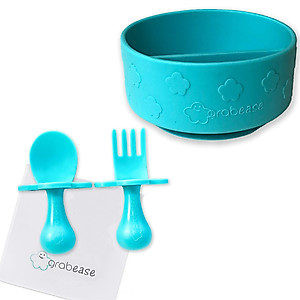 Grabease Bundle of Baby Utensils Set of Fork and Spoon with Suction Baby Bowl for Toddlers for Baby Led Weaning (Teal)