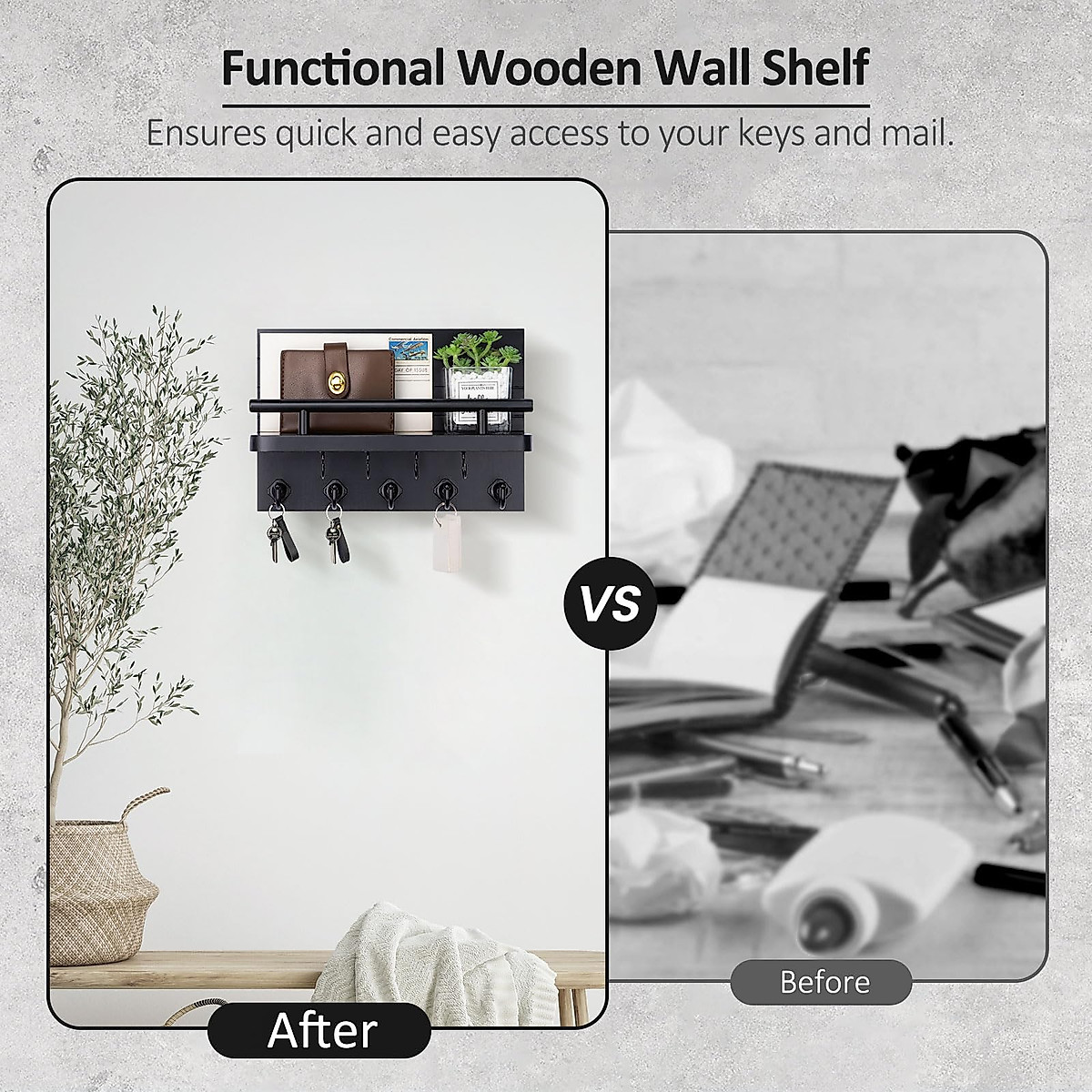 Nekon Key Holder for Wall with Shelf, Entryway Wall Organization with 9 Hooks, 9.8 Inch Wooden Key and Mail Holder with Mounting Screw Pack (Black)