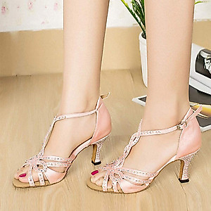 HROYL Women's Satin Heels Latin with Rhinestone Dance Shoes Salsa Bachata ChaCha Performance Dance Shoes,YCL285-Pink-5,US6