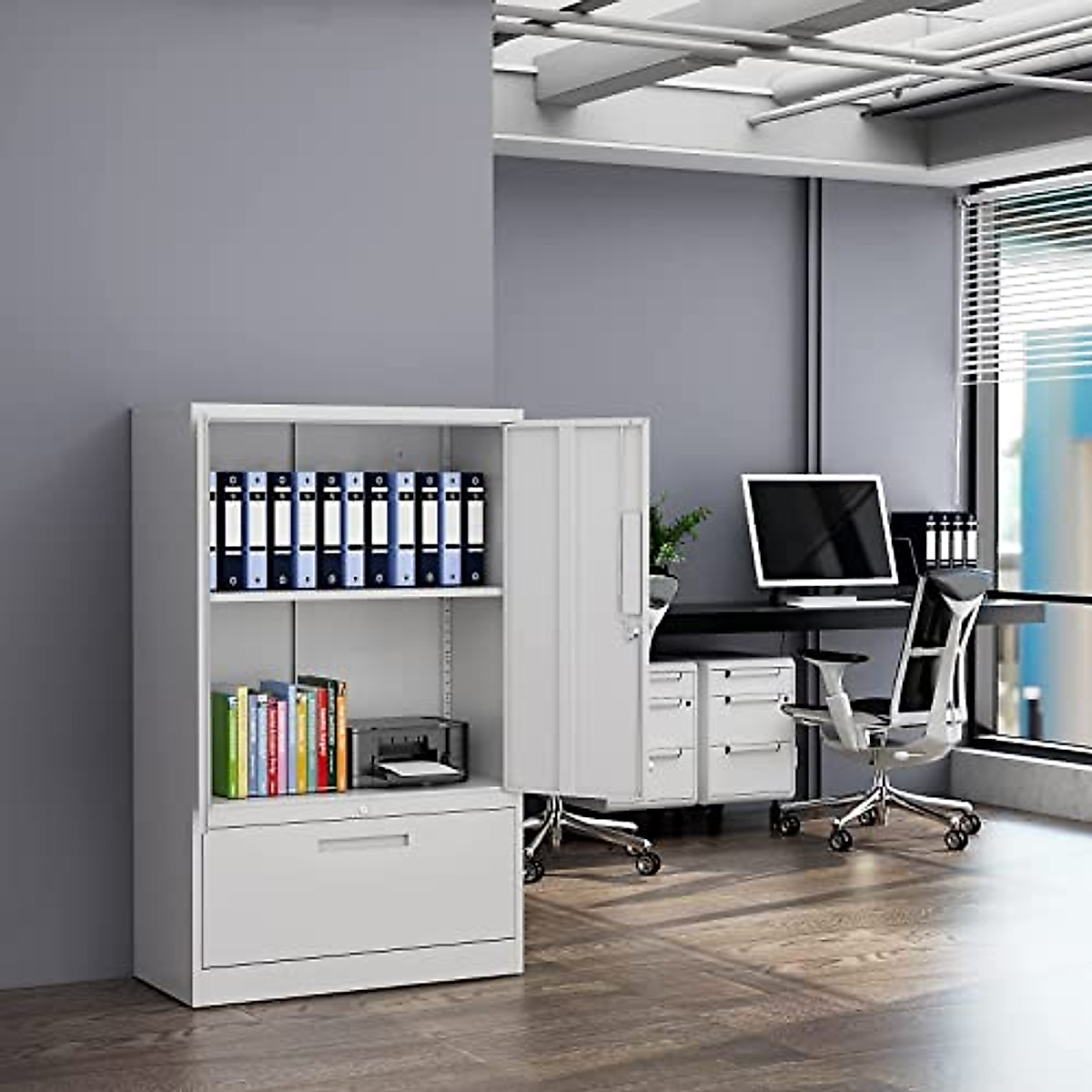 ZAOUS File Cabinet 1 Drawer, Metal File Cabinet with Lock, Lateral Filing Cabinet with Doors & Adjustable Shelves for Home Office, Living Room, Pantry, Gym, Basement, Warehouse, White