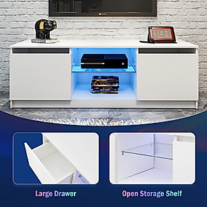 Boloni White TV Stand with LED Light for 55 Inch TV, Modern Entertainment Center Stand with 2 Drawer Storage, Media Console Cabinet with Color-Changing Lighting for Living Room