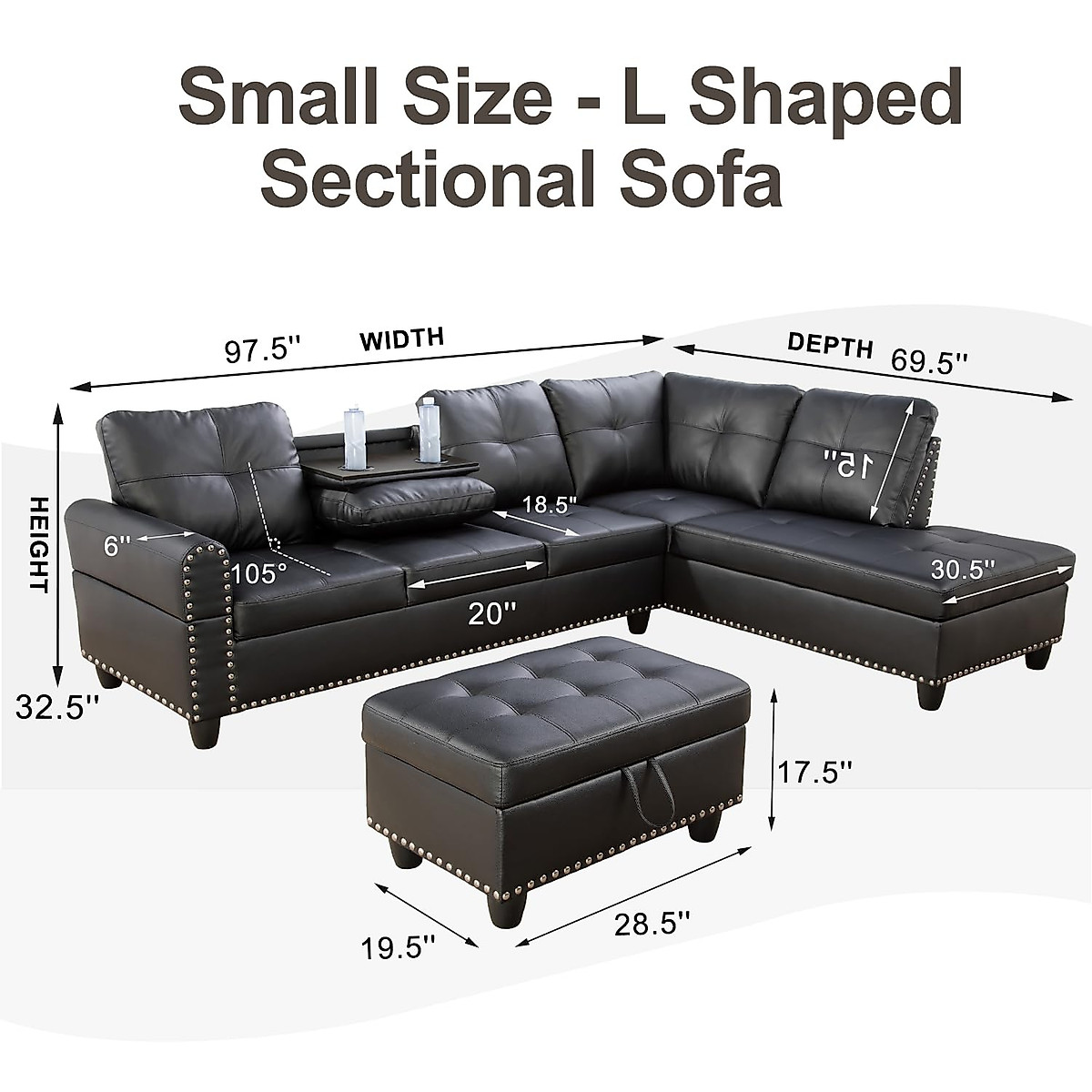 Ocstta Leather Sectional Sofa Sets,Living Room Furniture Sets and Leather Couch Set,L Shaped Couches with Sofa Back Panel Cup Holders and Storage Footstool(Sectional Couch Set+Ottoman) Black