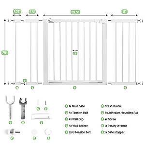 Cowiewie Baby Gate for Stairs, 29.5-51.6" Extra Wide Walk Through Dog Gate with Door, Auto-Close Metal Safety Gate with Extensions for Doorways and Halls, Pressure Mounted No Drilling