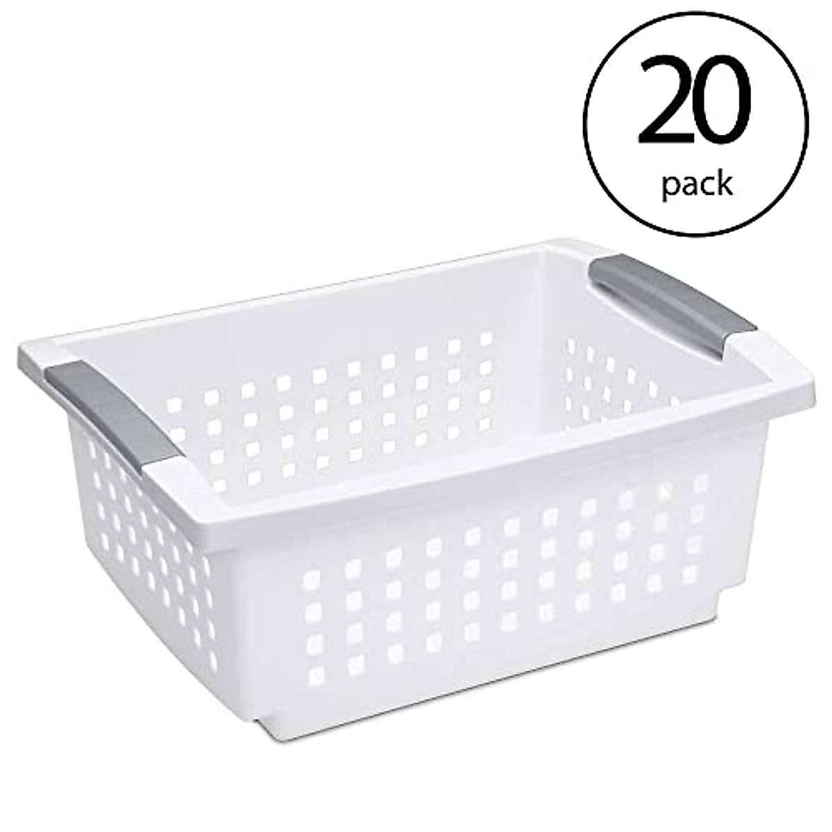 Sterilite Medium Sized Multipurpose Stackable Storage Basket Bin with Flip-Down Rails for Home and Office Organization, White (20 pack)