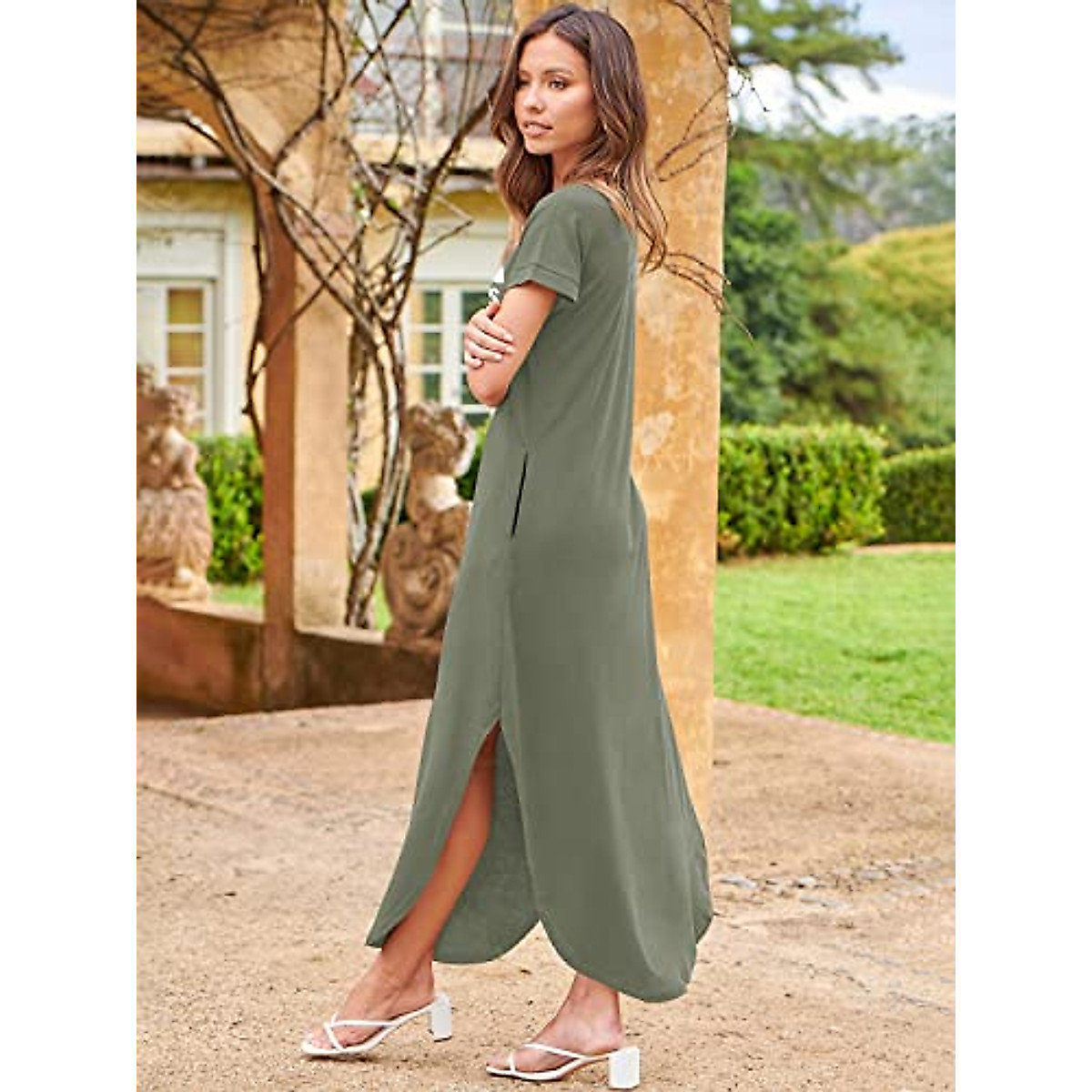 Prinbara Women's Casual Loose Sundress Long Dress Short Sleeve Split Maxi Dresses Cover Up Long Cami Maxi Dresses with Pockets 2PA22-ganlanlvyinzi-S