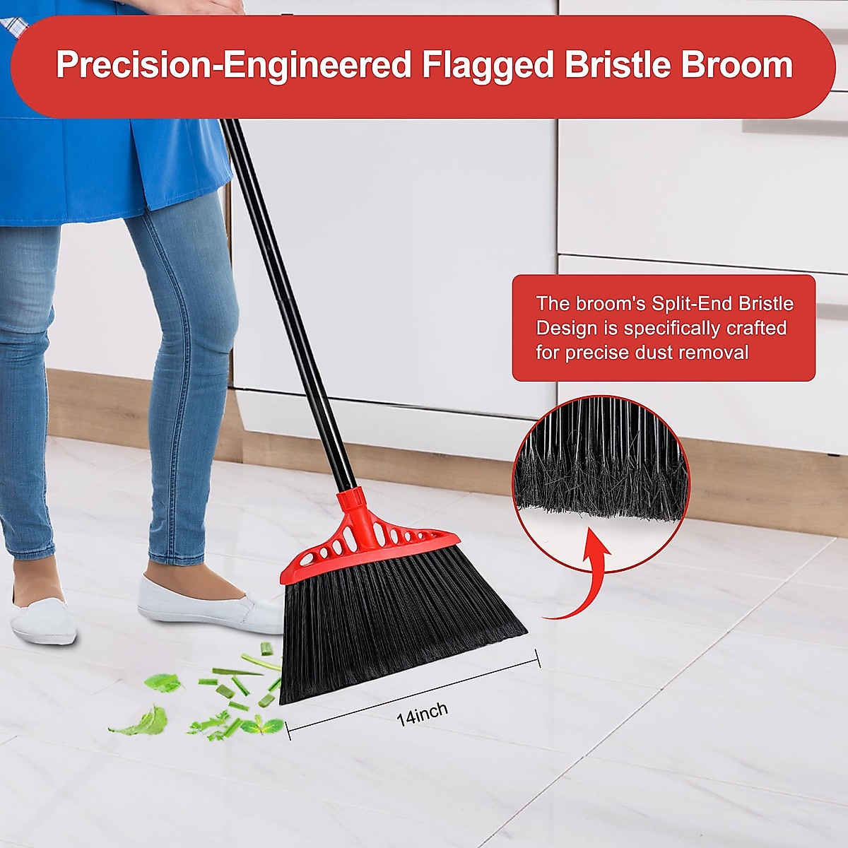 Tiumso Heavy Duty Broom, Outdoor Brooms, Commercial Broom for Sweeping Indoor, Kitchen Broom with 55" Long Handle, Angle Brooms for Patio Kitchen Shop Sidewalk - Black and Red