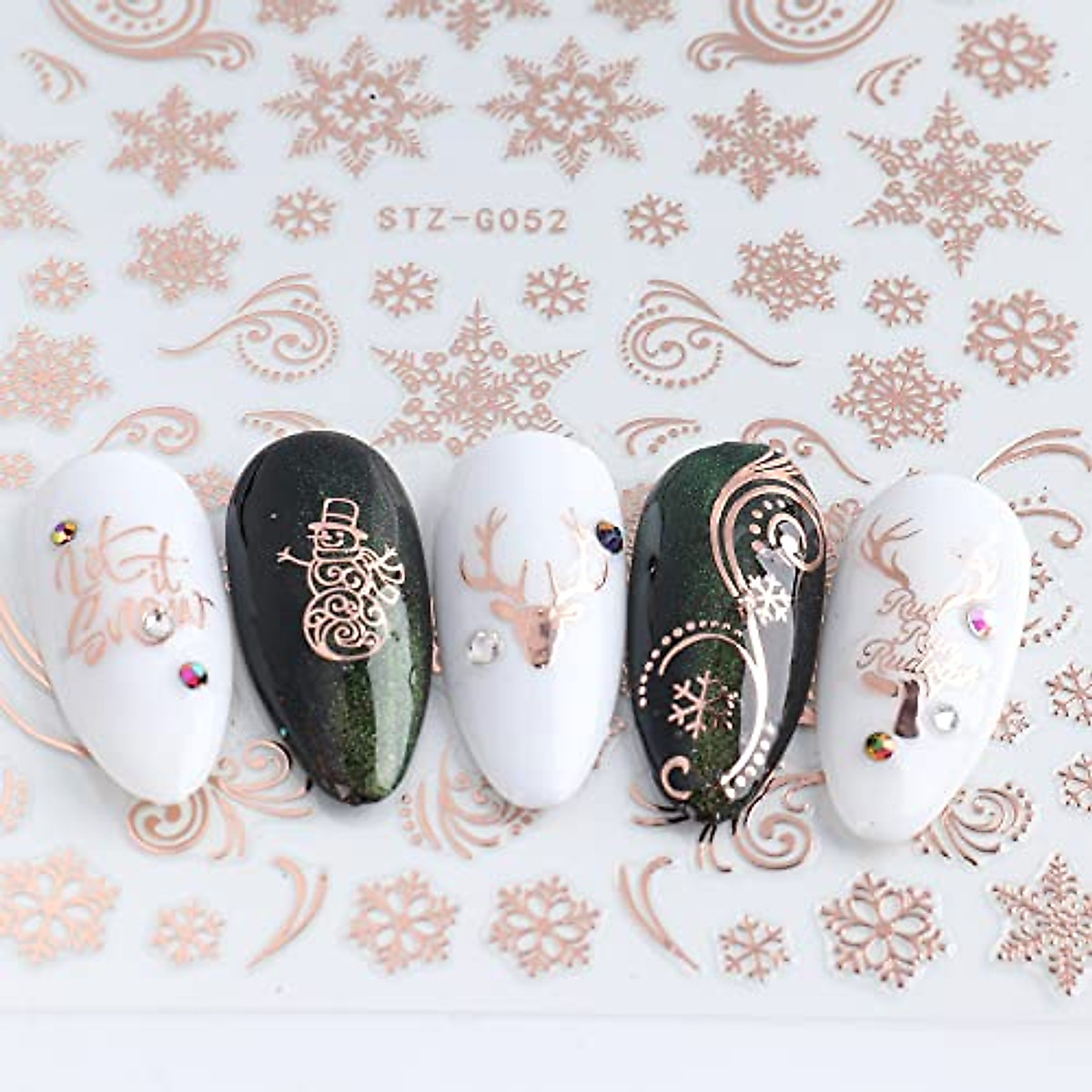 JMEOWIO 9 Sheets Christmas Nail Art Stickers Decals Self-Adhesive Pegatinas Uñas Navidad Rose Gold Winter Holiday Xmas Snowflake Nail Supplies Nail Art Design Decoration Accessories