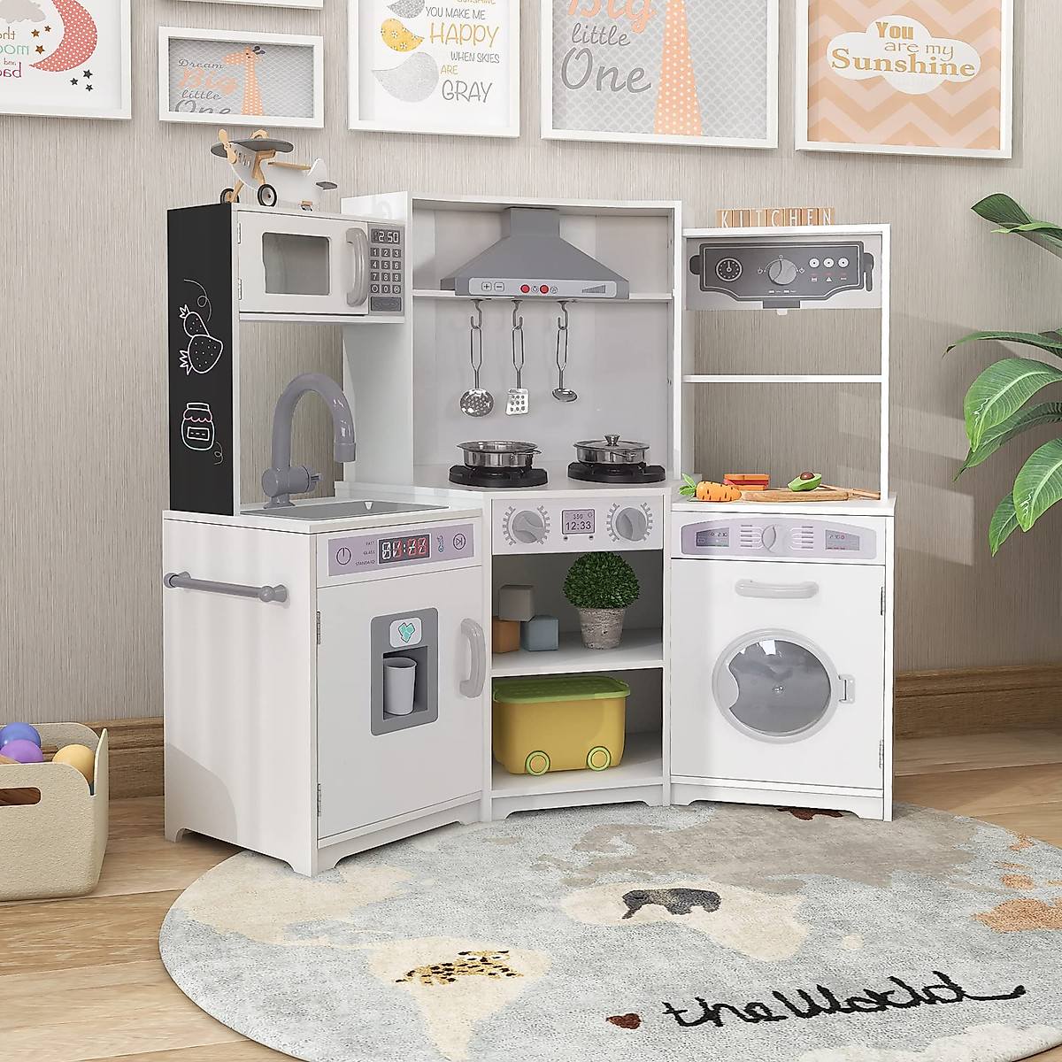 TaoHFE Corner Play Kitchen with Lights&Sounds White Kitchen for Kids Toddler Kitchen Set with Washer Chalkboard Wooden Kitchen Kids Playset with Washing Machine Range Hood Girls boys Gift for Ages 3+