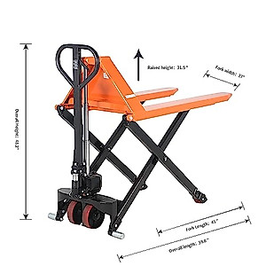 Tory Carrier Manual Scissor Pallet Jack Hand Truck Lift 2200lbs Capacity, 45" Lx27 W Fork, 3.3'' Lowered, 31.5'' Raised Height