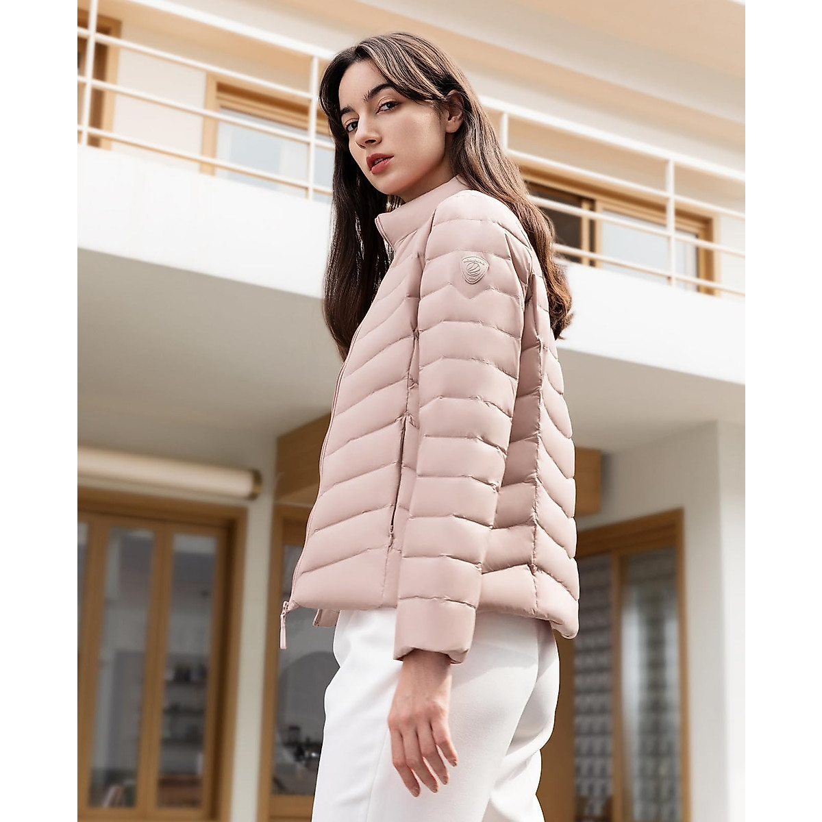 BOSIDENG Lightweight Women's Down Jacket Portable Water-Resistant Puffer Jacket Fall Coat with Stand Collar for Travel(Light Pink,XXL)