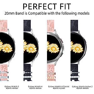 Galaxy Watch Band Charms (20mm Band Included) Compatible with Samsung Galaxy Watch 4 40mm 44mm, Bling Watch Band Charm Decorative Ring Loops with Engraved Sunflower Silicone Band, Black