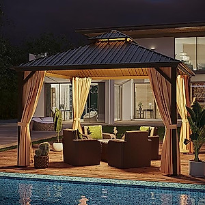 GAZEBEST 12'x12' Hardtop Gazebo, Outdoor Aluminum Patio Gazebo Double Roof Galvanized Steel Canopy with Netting and Curtains,for Garden Patio, Backyard, Deck and Lawns.