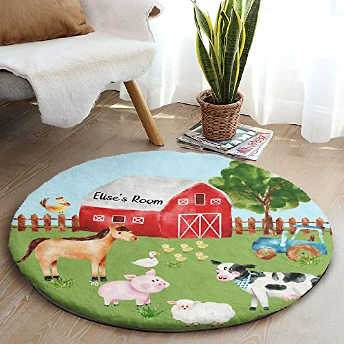 Farm House Animals Personalized Round Rug Fluffy Soft Mat for Bedroom Girls Boys Room, Custom Indoor Area Circular Floor Mat Chair Couch Plush Shaggy Carpet Home Decor 47.2x47.2 in