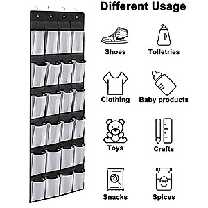 CdyBox 24 Grid Door Rear Finishing Storage Hanging with 4 Silver-plated Metal Hooks Over the Door Shoe Organizer (Black)