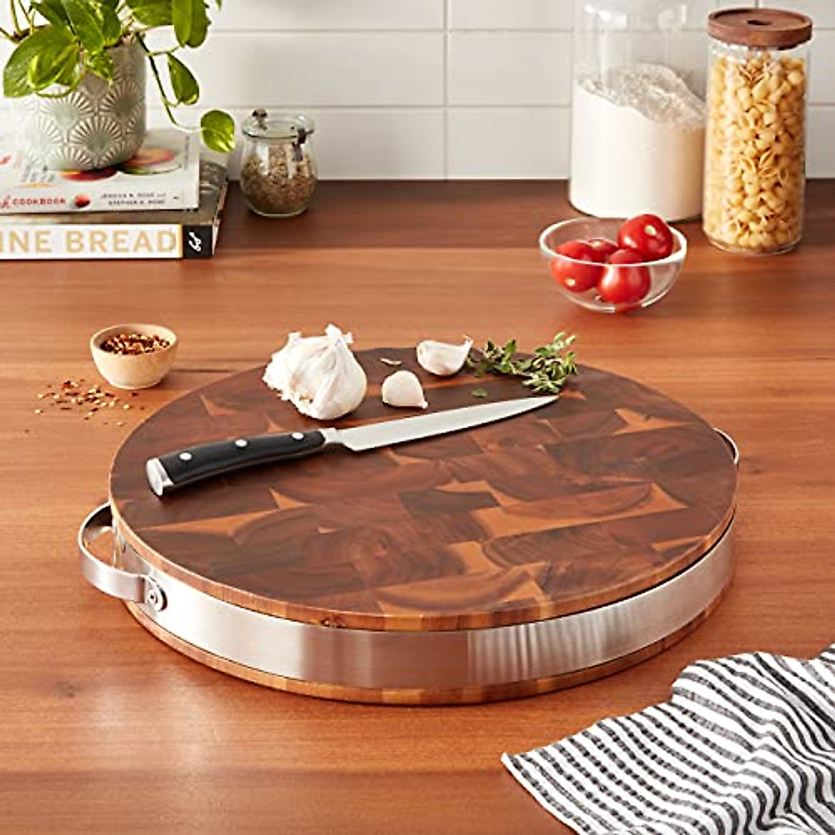Mountain Woods EGA2SS 15" X 2" Extra Thick Acacia Hardwood End Grain Round Cutting Board w/Stainless Steel Band, 15 X 15 X 2