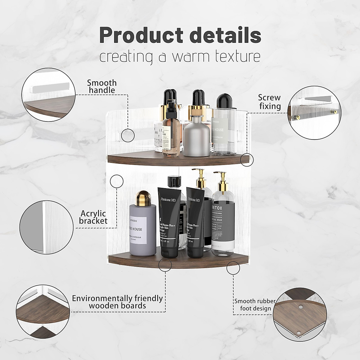 NLBTW 2-Tier Wood Corner Bathroom Countertop Organizer, Vanity Shelf Perfume Skincare Organizers Bathroom Counter Storage and Organization for Vanity (Brown)