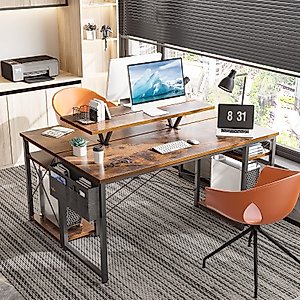 ODK Computer Desk with Shelves, 55" Home Office Desk with Monitor Shelf, 2 Tiers Shelves Study Writing Table, Modern Simple Style PC Desk, Stable Workstation, Printer Space, Easy to Assemble, Teak