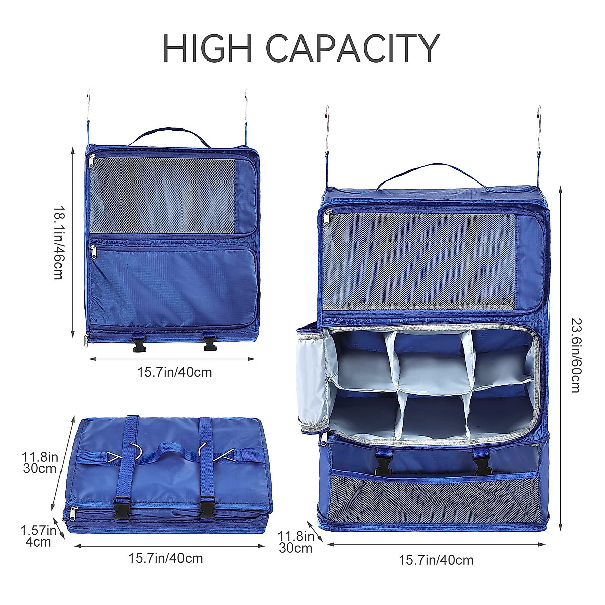 Surblue Hanging Travel Shelves Compression Packing Cube for Carry-on Luggage Suitcase Collapsible with Extension Layer Large Capacity, Blue, XXL