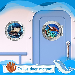 4 Pcs Cruise Door Decorations Magnetic Cruise Porthole Door Magnets Palm Tree Turtle Cruise Magnet The Sea Nature Scenery Fridge Decor for Carnival Cruise Refrigerator Car
