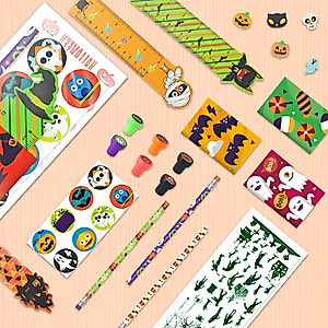 Shemira Halloween Party Favors for Kids,168pcs Halloween Stationery gift kit,Halloween Miniatures Prizes,Trick or Treating Goodie Bag Fillers including Notepad,Stamper,Sticker,Pencil,Eraser,Ruler