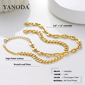 YANODA Gold Chain Bracelet 18K Gold Plated Dainty Cuban Bracelet Coffee Bean Bracelets Set for Women Minimalist Layering Stacking Handmade Bracelet Gift for Women