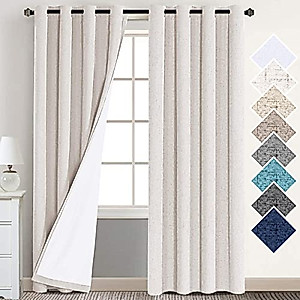 Flamingo P 100% Blackout Curtains Textured Linen Curtains for Bedroom Energy Saving Window Treatment Grommet Burlap Curtain Drapes Thermal Insulated White Liner, 2 Panels, 52 x 108 Inch, Ivory