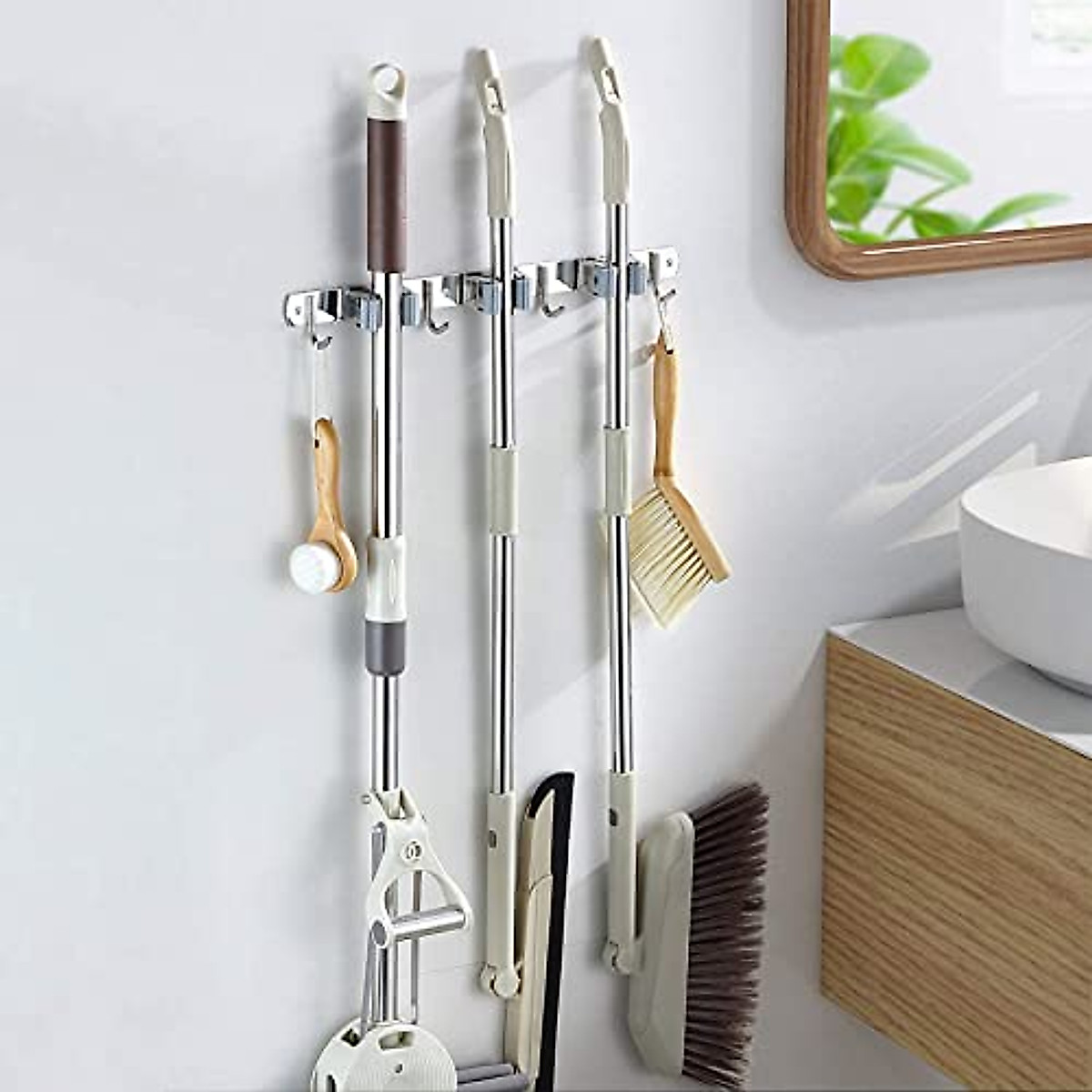 YouOKLight mop broom holder,broom hanger wall mount, 304 Non-Slip Stainless Steel Rack for Tools Hanger,Metal Broom Closet Organizer for Home,Garage, even Outdoor (3 Racks with 4 Hooks)