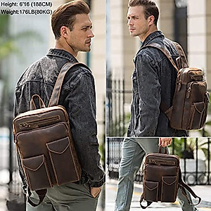 Small Mens Full Grain Leather Backpack for Men Purse Vintage 14 Inch Laptop Bag Business Work Hiking Daypack Brown Rucksack