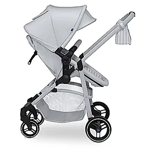 GAP babyGap 2-in-1 Carriage Stroller - Car Seat Compatible - Easy One-Handed Fold - Lightweight Stoller with Oversized Canopy & Reclining Seat - Made with Sustainable Materials, Grey Stripes