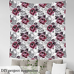 Sugar Skull Fabric by The Yard, Rose Floral Upholstery Fabric, Halloween Flower Decorative Fabric, Retro Gothic Skeleton Indoor Outdoor Fabric, Bones DIY Art Waterproof Fabric, Red Grey, 5 Yards