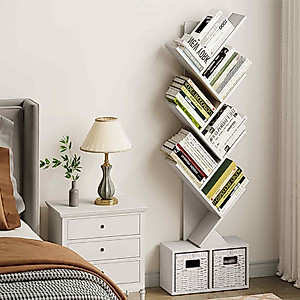 Vagusicc Tree Bookshelf, 6 Tier Bookshelf with Storage, Tall Narrow Bookcase, Wood Book Storage Rack for CDs/Books, Small Book Organizer Shelves for Bedroom, Living Room, Home Office, White