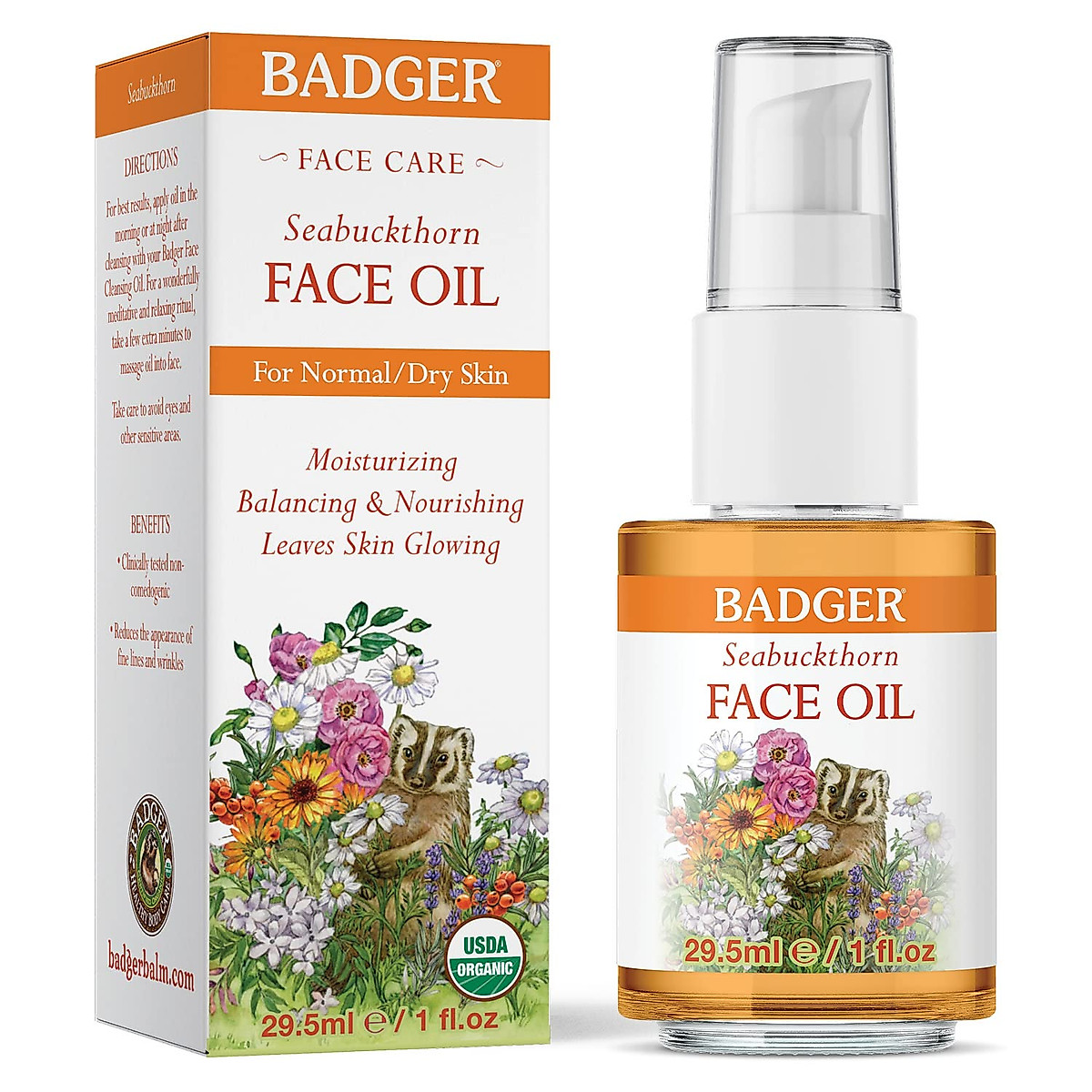Badger Face Oil, Seabuckthorn, Certified Organic, Seabuckthorn Oil, Organic Face Oil, Moisturizing Facial Oil, Natural Face Oil, 1 oz Glass Bottle