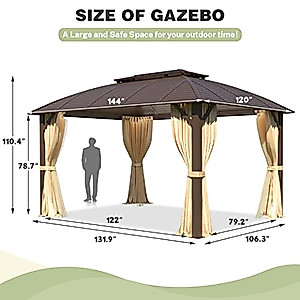 Aluminum Outdoor Gazebo 10X13 with Hardtop Polycarbonate Double Roof, Sturdy Hardtop Sun Shade Canopy, Metal pergola w/Hook Design for Deck Backyard Wedding Garden, Grill Gazebo w/Curtains and Netting