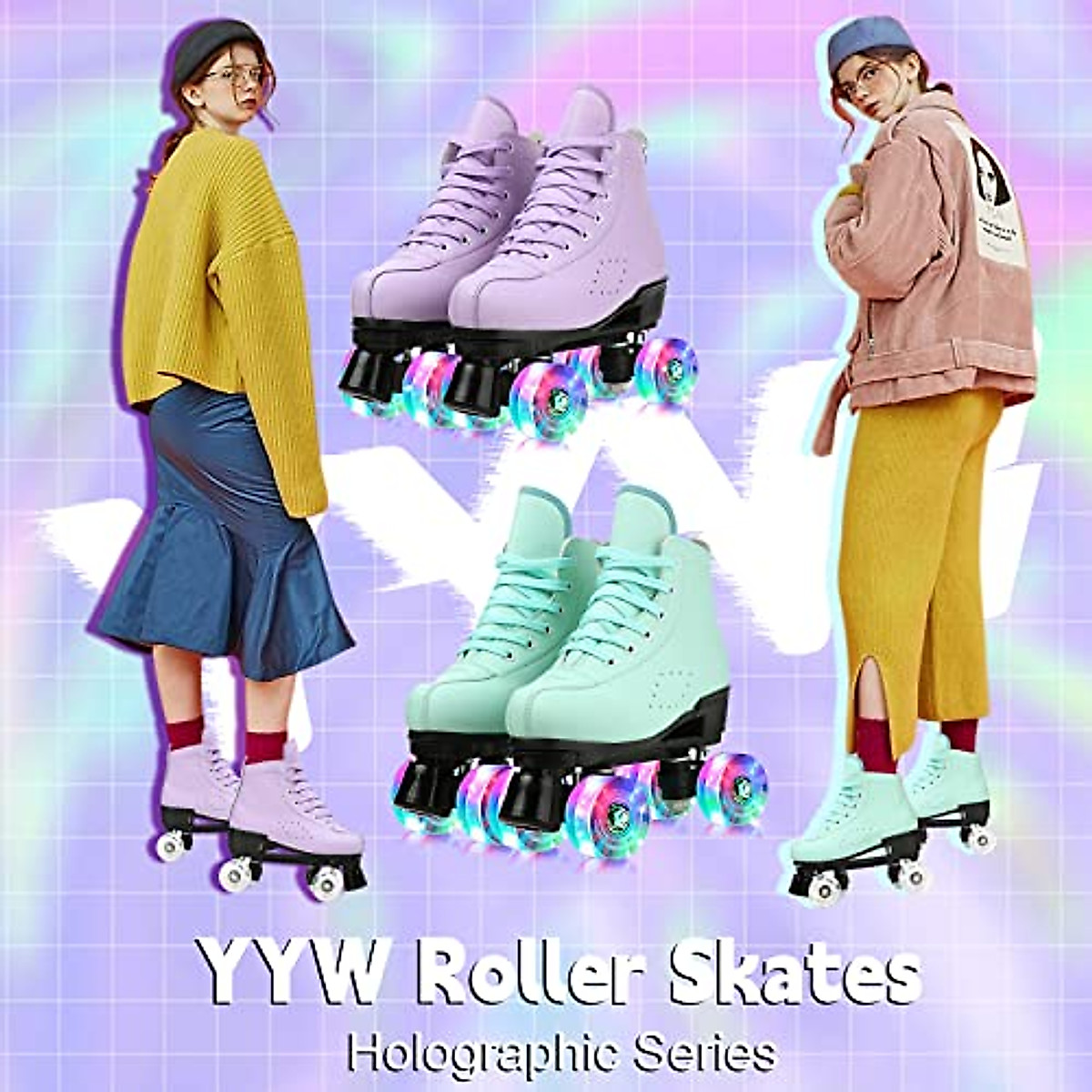 YYW Roller Skates for Women Girls Classic Double-Row Roller Skates High-top PU Leather Roller Skate Shoes Indoor Outdoor Roller Skates Purple