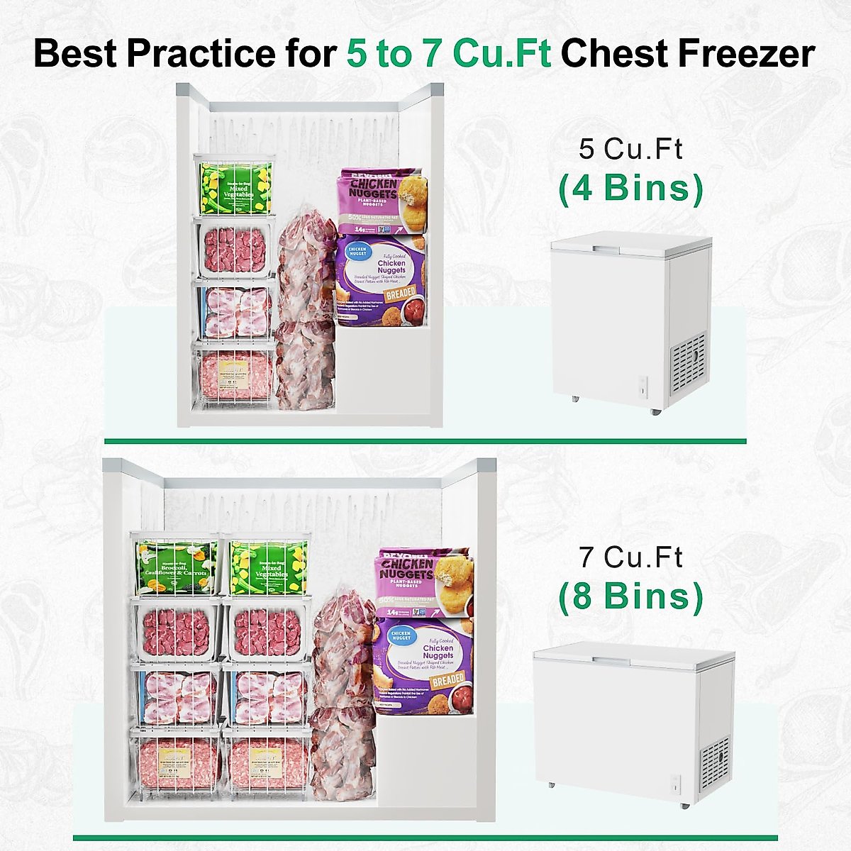 iSPECLE Deep Freezer Organizer Bins - 4 Pack Stackable Small Freezer Organizer Bins for 5 to 9 Cu.FT Small Chest Freezer Sort Frozen Food Easy to Get Food from Bottom without Digging in Freezer, White