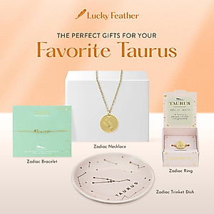 Lucky Feather Zodiac Ring Dish for Women – Glazed Ceramic Jewelry Tray with Astrological Constellation Depicted in Opulent Metallic Gold - Taurus