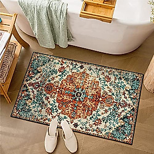 Wonnitar Boho Bathroom Rug,Washable Rug 2x3 Small Bath Rug,Vintage Distressed Throw Mat for Bedroom,Non-Slip Entryway Door Mat Low-Pile Floor Carpet for Kitchen Laundry Bedside,Orange