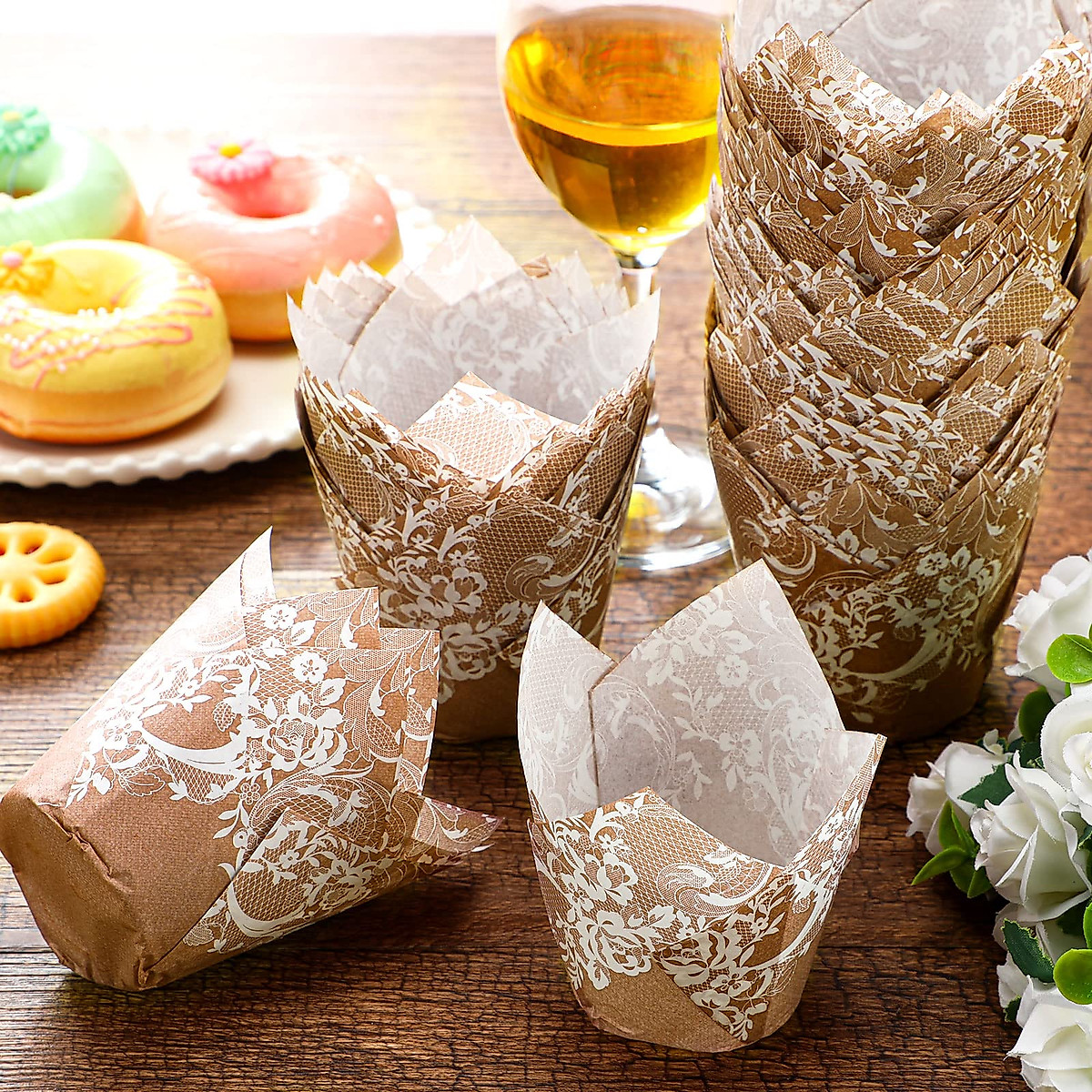 200 Pcs Wedding Tulip Cupcake Liners Bridal Shower Muffin Liners Baking Cups Greaseproof Paper Cupcake Wrappers Cupcake Holders for Party Wedding Girls Birthday Decoration (Lace)