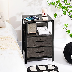 Yoobure Nightstand with Charging Station, Small Night Stand with Fabric Drawers and Storage Shelf for Bedrooms, Nightstands for Small Spaces, Bedside Table with USB Ports & Outlets, Bed Side Table