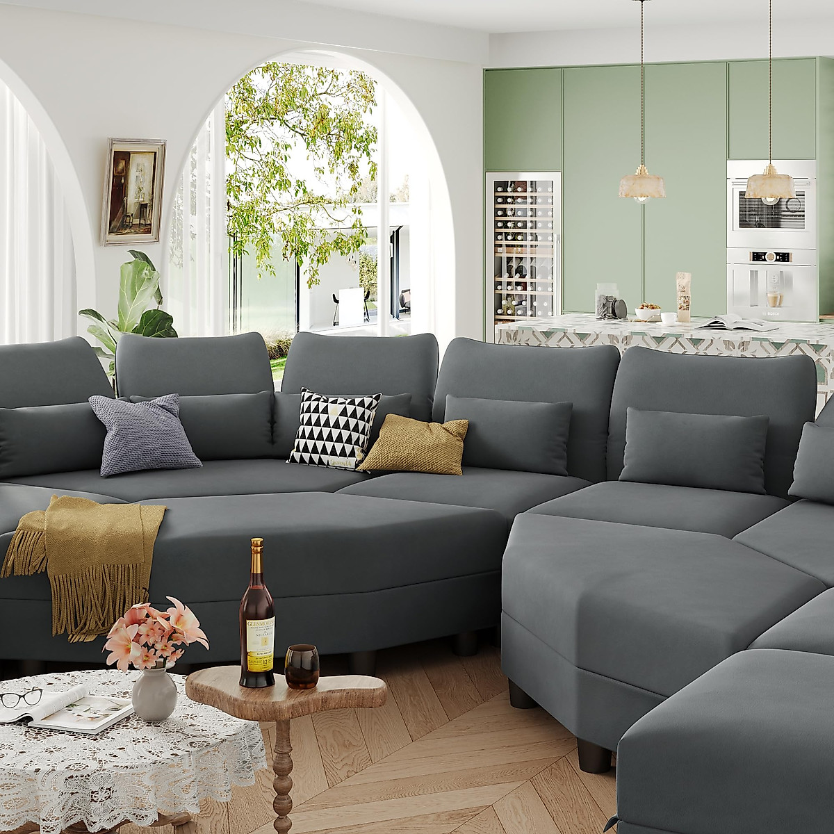 LLappuil Large Faux Leather Fabric Modular Sectional Sofa U Shaped Couch,Oversize U Shaped Leather Sectional Sofa for Living Room,Office,Grey