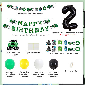 Garbage Truck 2nd Birthday Party Decorations Trash Truck Happy Birthday Banner Garland Cake Topper Cupcake Toppers for Waste Management Birthday Party Decor Supplies