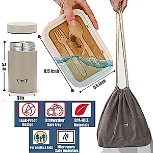 Mr.Dakai Bento Box for Kids Adults Lunch Box Containers & Leak-proof Insulated Hot Thermoses Food Jar Soup Container - BPA-Free Salad Snack Boxes with Spoon Fork/Bag, Microwave Safe, Khaki