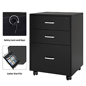 soges 3 Drawer Mobile File Cabinet, Rolling Filing Cabinet, Home Office Lockable Pedestal File Cabinet, Under Desk Cabinet on Wheels, 10CZSSFC04BK