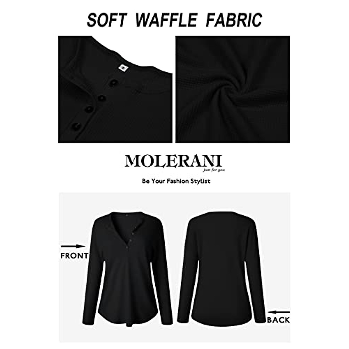 MOLERANI Womens Waffle Knit Tunic Tops Loose Long Sleeve Button Up V Neck Henley Shirts (Large, Black)