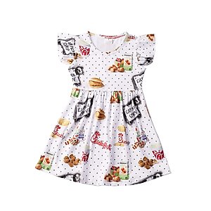JONGOS Toddler Girls Fried Chicken Burger Pattern Dresses Ruffle Bottom Flutter Sleeve Summer Apparel 4-5T