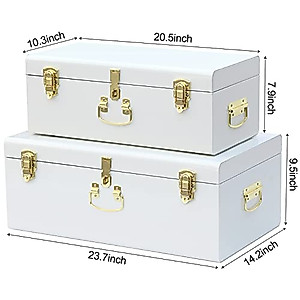 Vixdonos Decorative Metal Box Storage Trunks Set of 2 College Dorm Chest with Lock Hole,23.7X14.2X9.5 Inches(White)