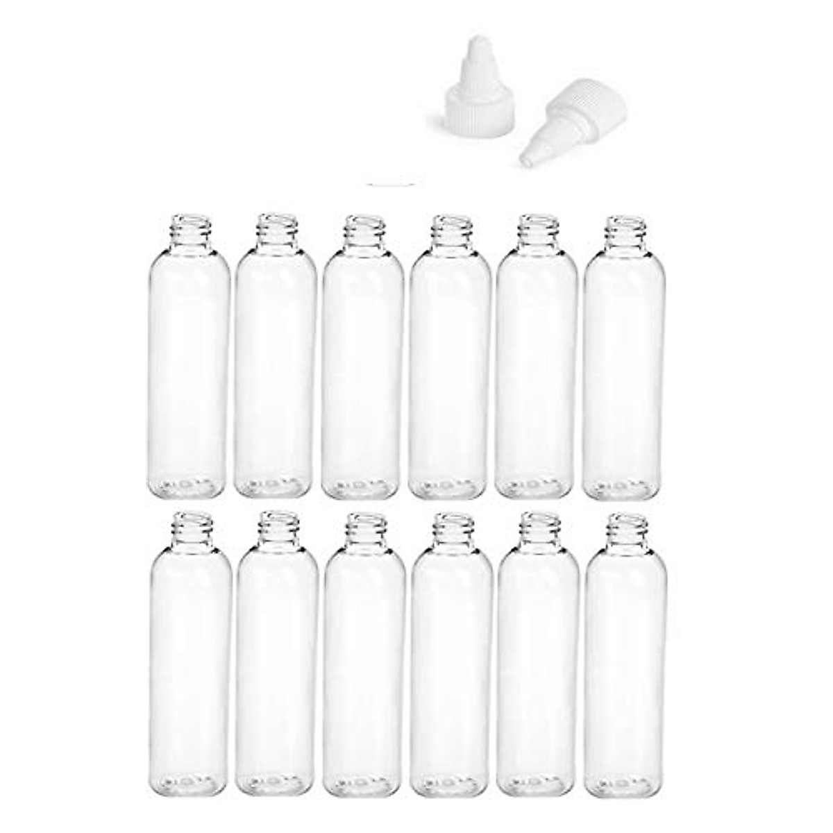 Premium Essential Oil 4 Ounce Cosmo Round Bottles, PET Plastic Empty Refillable BPA-Free, with White Twist Top Caps (Pack of 12) (Clear)