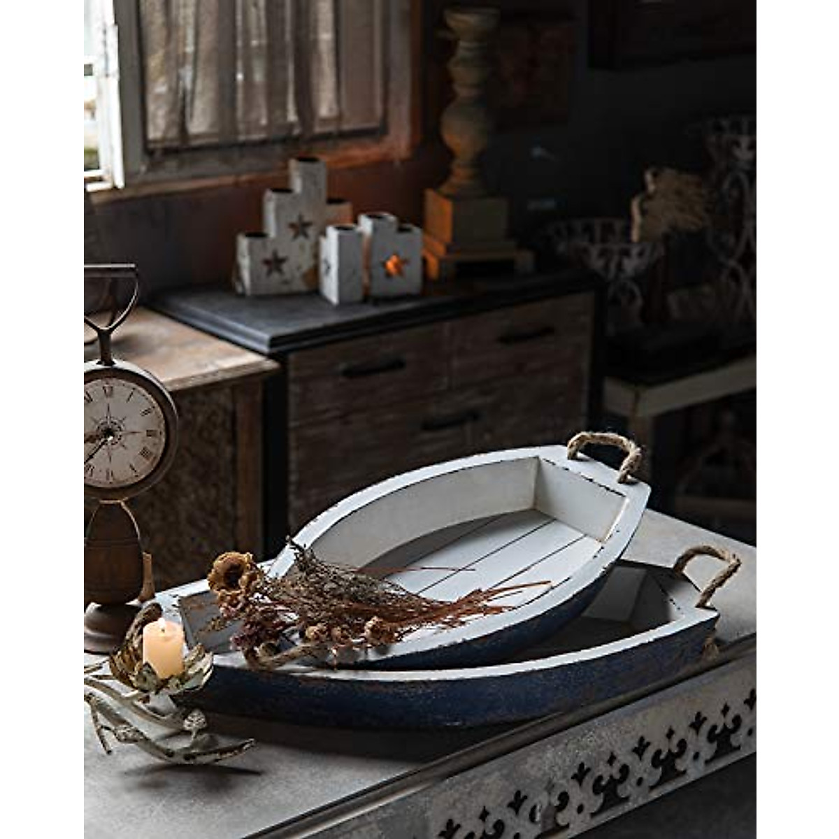 Distressed White Nesting Wood Serving Tray for Eating with Rope Handles,Set of 2 Farmhouse Handwork Boat Shaped Large Decoration Serving Trays for Party Kitchen Counter, Dining Room Coffee Table