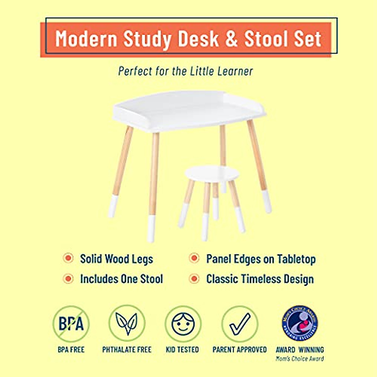 Wildkin Kids Modern Study Desk and Stool Set for Boys and Girls, Includes One Matching Stool, Classic Timeless Design Features Panel Edges on Tabletop and Solid Wood Legs (White w/ Natural)