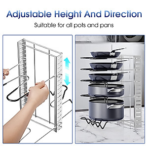 G-TING Pot Rack Organizers, 8 Tiers Pots and Pans Organizer for Kitchen Organization & Storage, Adjustable Pot Lid Holders & Pan Rack, Lid Organizer for Pots and Pans with 3 DIY Methods(Silver)